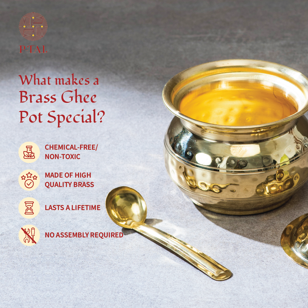 Golden Vintage Pure Brass Ghee Pot with Lid and Spoon Online | P-TAL