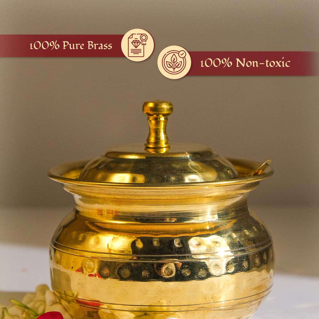 Golden Vintage Pure Brass Ghee Pot with Lid and Spoon Online | P-TAL