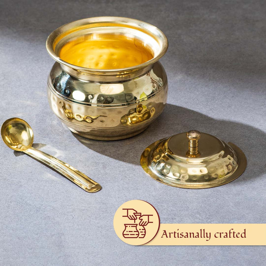 Golden Vintage Pure Brass Ghee Pot with Lid and Spoon Online | P-TAL